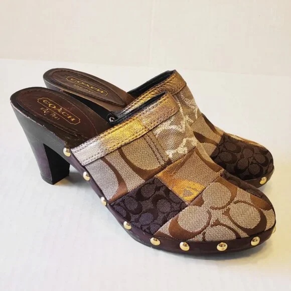 Coach | Shoes | Coach Caterina Monogram Canvas Wood Clog Heels | Poshmark